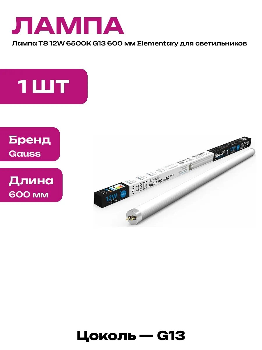 Лампа светодиодная 12W G13 T8 600 мм 6500K Elementary стекло