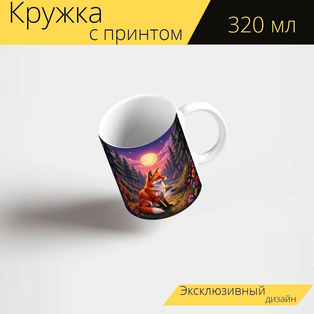 Кружка с рисунком, принтом "Лиса в лесу под луной. Рыжая лисица сидит среди хвойных деревьев и ярких цветов у лесного ручья. Сказочная цифровая иллюстрация в." 320 мл.