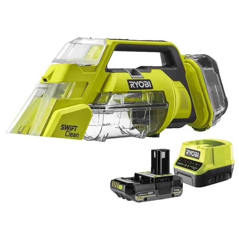 Ryobi Моющий пылесос Пылесос аккумуляторный RYOBI RDC18-1C20G ONE+, 18 В, для ковров и мебели, 1 акк х 2,0 Ач, арт. 5133006331, черный, зеленый