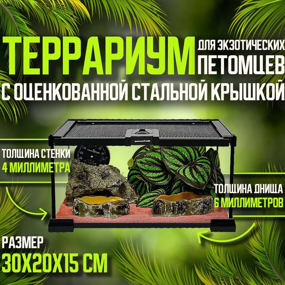 Террариум стеклянный с крышкой,30X20X15CM