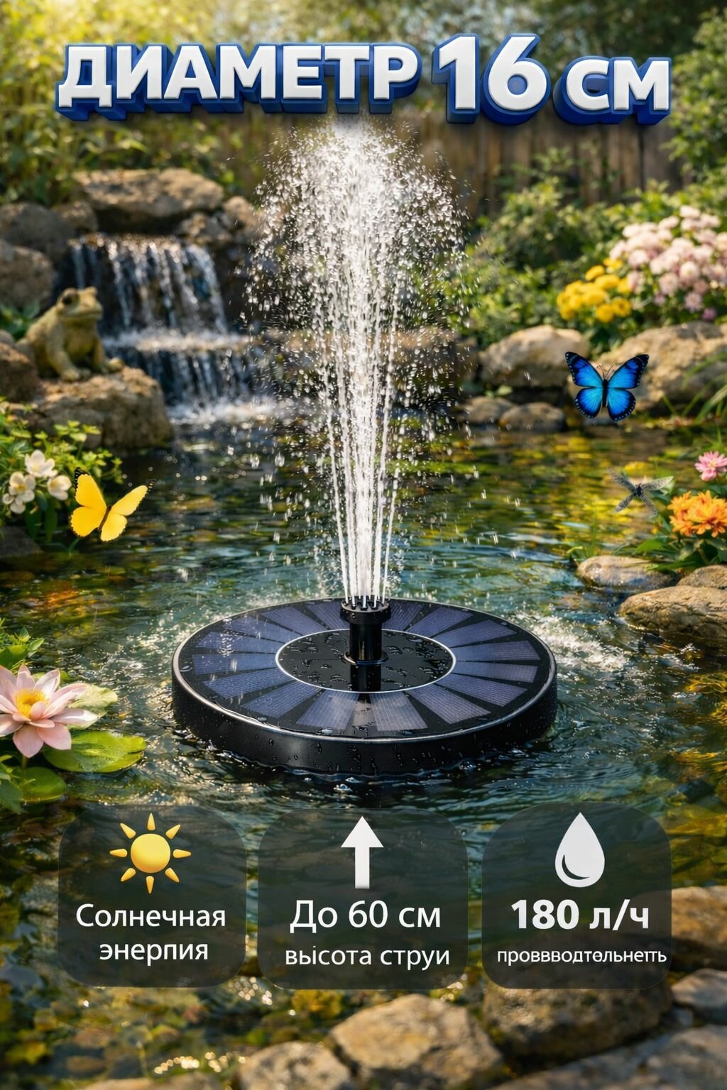 Плавающий фонтан на солнечной батарее для дачи 16 см