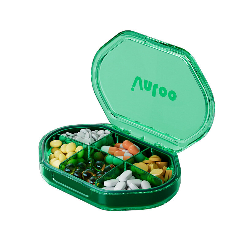 Компактный переносной организатор таблеток с 6 отсеками, полупрозрачный зеленый цвет для ежедневного хранения лекарств