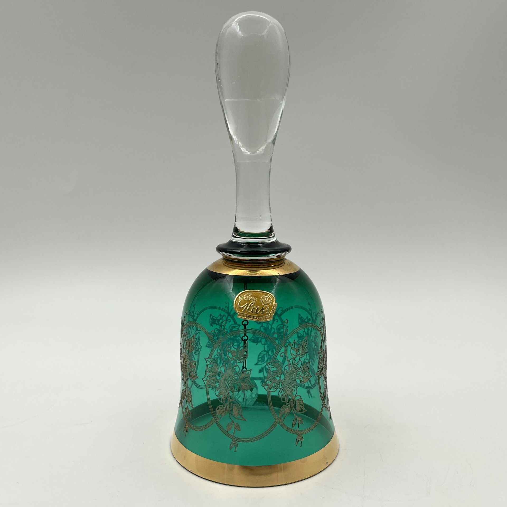 Колокольчик зеленого цвета с узорчатым декором, цветное стекло, золочение