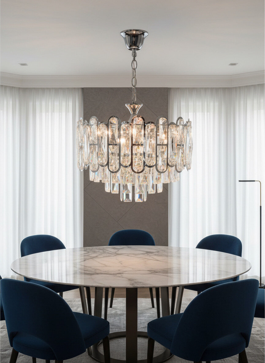 Люстра подвесная, в цвете хром, хрустальная Свет Столицы, до 10-12 кв. м, люстра с сменными лампочками, цоколь E27