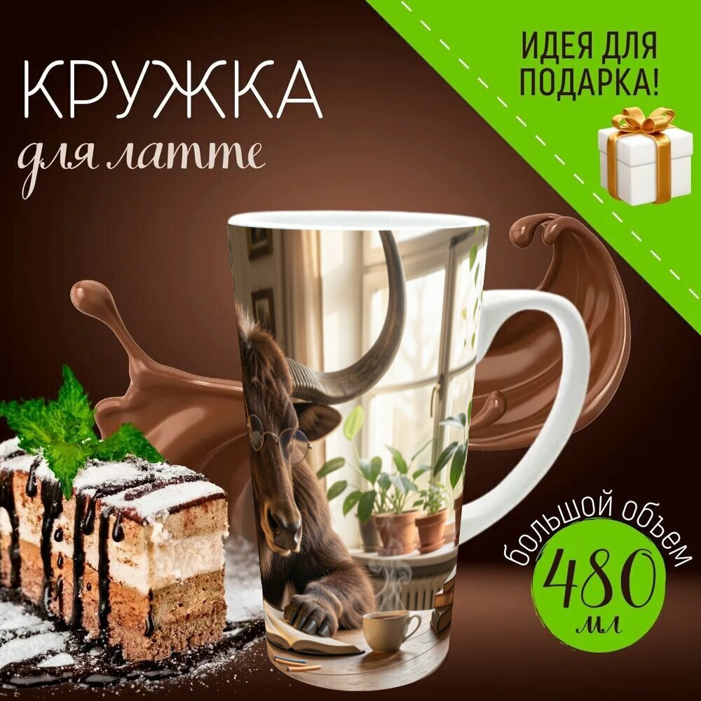 Кружка латте керамическая большая для чая и кофе с прикольным принтом "Могучий лось с густой темно-коричневой шерстью и большими ветвистыми рогами сидит за деревянным." 500 мл.