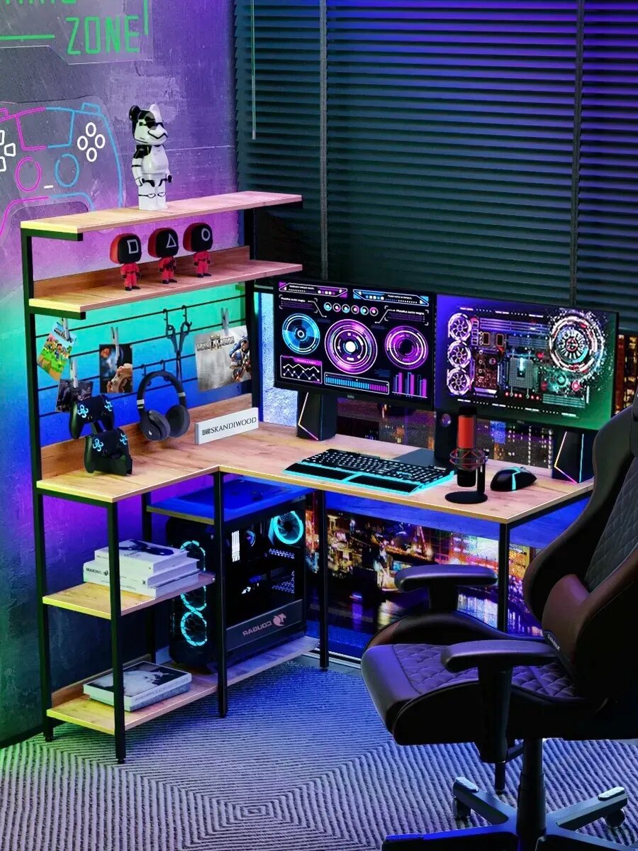 Угловой игровой стол с полками письменный для школьника для геймера