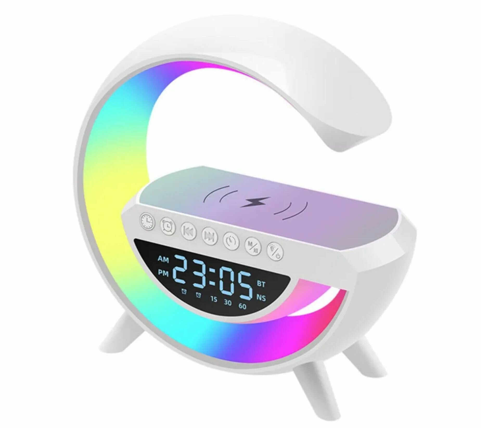 Умная LED RGB лампа-ночник с Bluetooth колонкой и беспроводной зарядкой 15W, встроенный аккумулятор, цифровые часы
