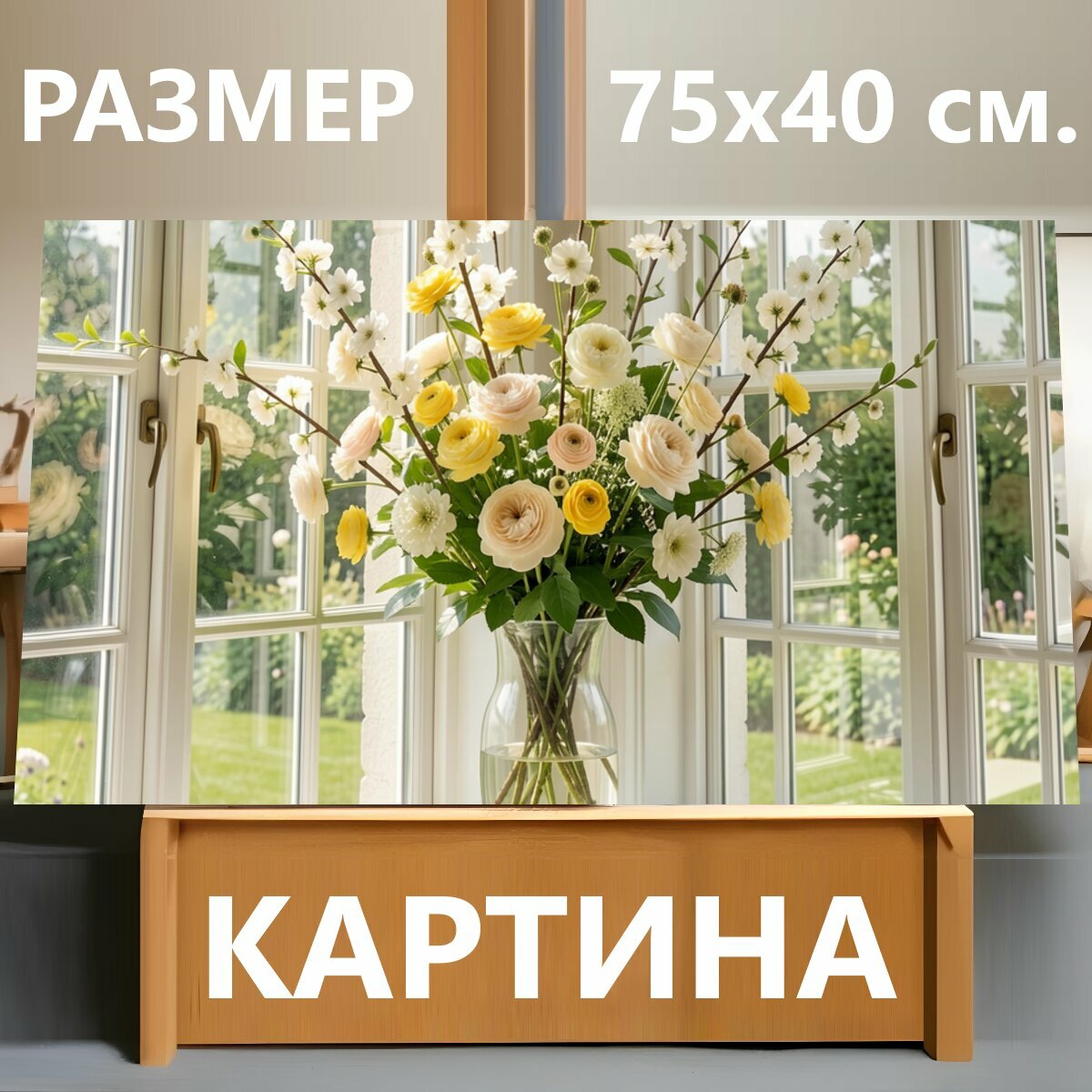Картина на холсте "Цветочная композиция у окна. Светлая летняя флористика в стеклянной вазе на подоконнике: нежные белые и кремовые бутоны." на подрамнике 75х40 см. для интерьера