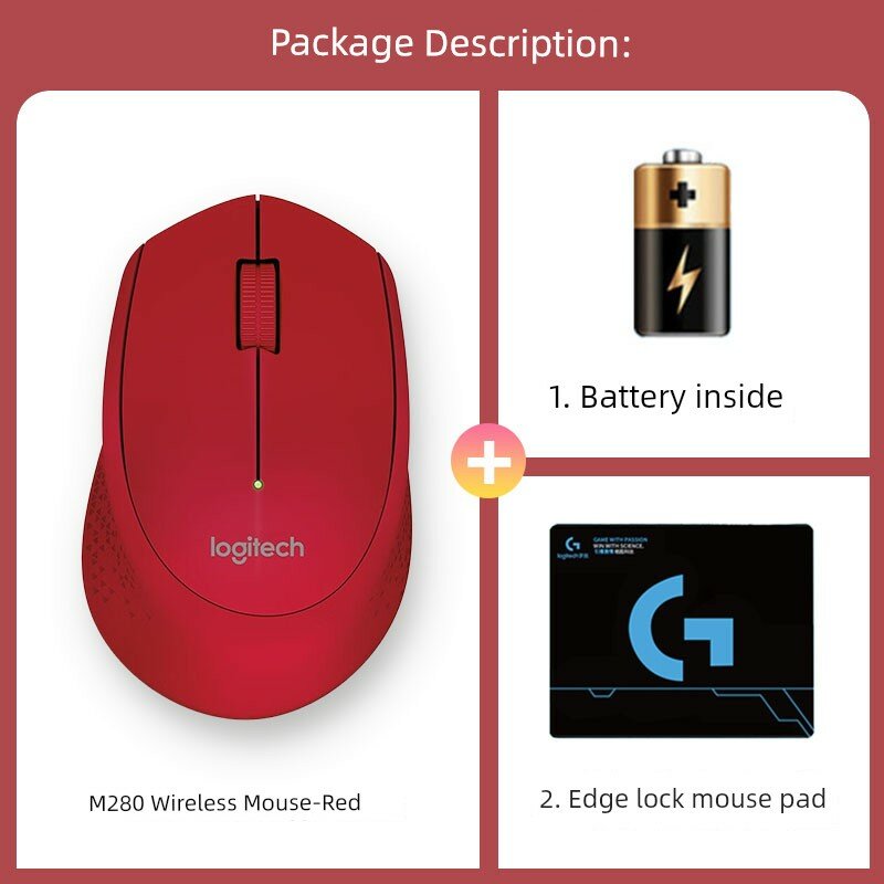 Logitech M280 Красная беспроводная мышь с ковриком, USB, компактная для ноутбука, офиса и игр
