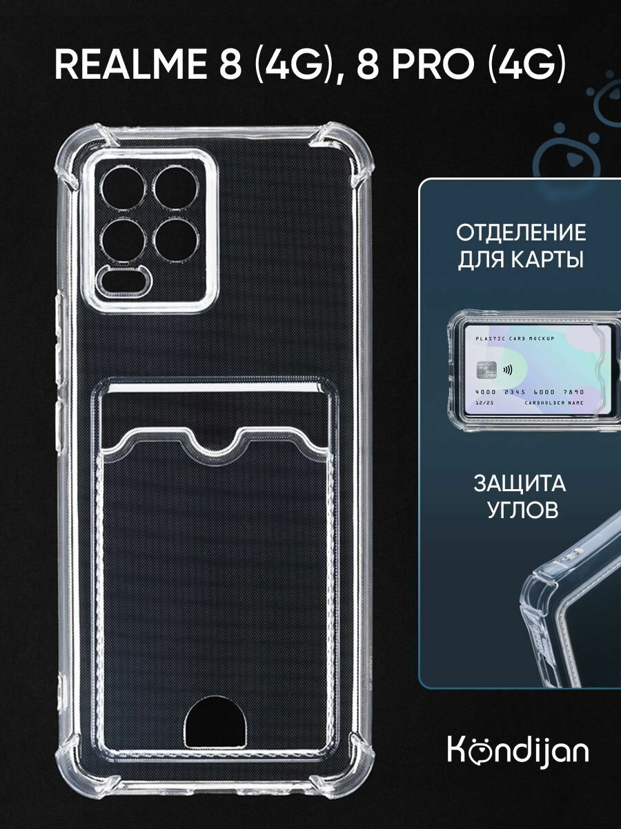 Чехол на Realme 8 4G, 8 Pro 4G с картхолдером и защитой камеры, прозрачный / Реалми 8 4G, 8 Про 4G