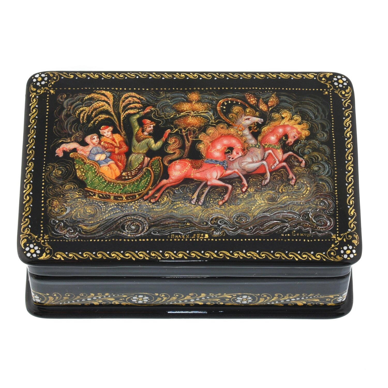 0076868 Лаковая миниатюра Шкатулка "Тройка" 09*06 , (Боков)см п2723