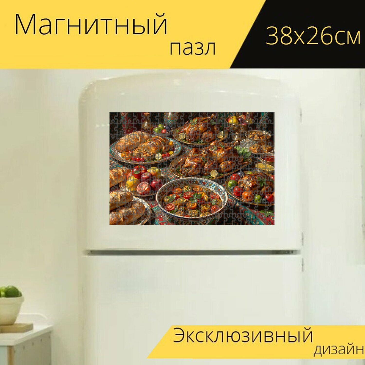 Магнитный пазл "Щедрый восточный праздничный стол. Изобилие запеченной птицы, свежих фруктов, овощей и ароматной выпечки на ярком узорчатом фоне. Теплые." для интерьера, 38х26 см.