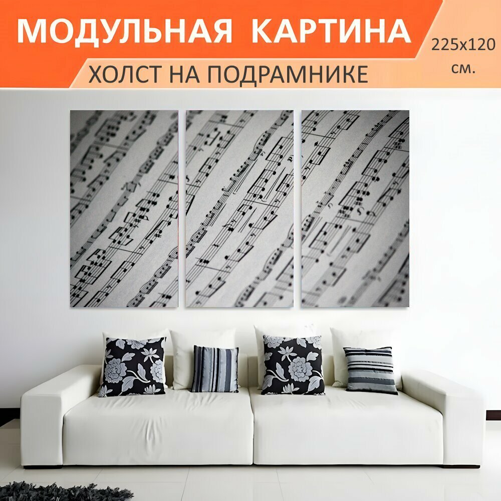 Модульная картина на холсте "Музыкальные ноты, музыка Обои, фон, изображение, Окрашенные бумаги, гобелен, фон, черный и белый Фото." триптих на подрамнике 225х120 см. для интерьера