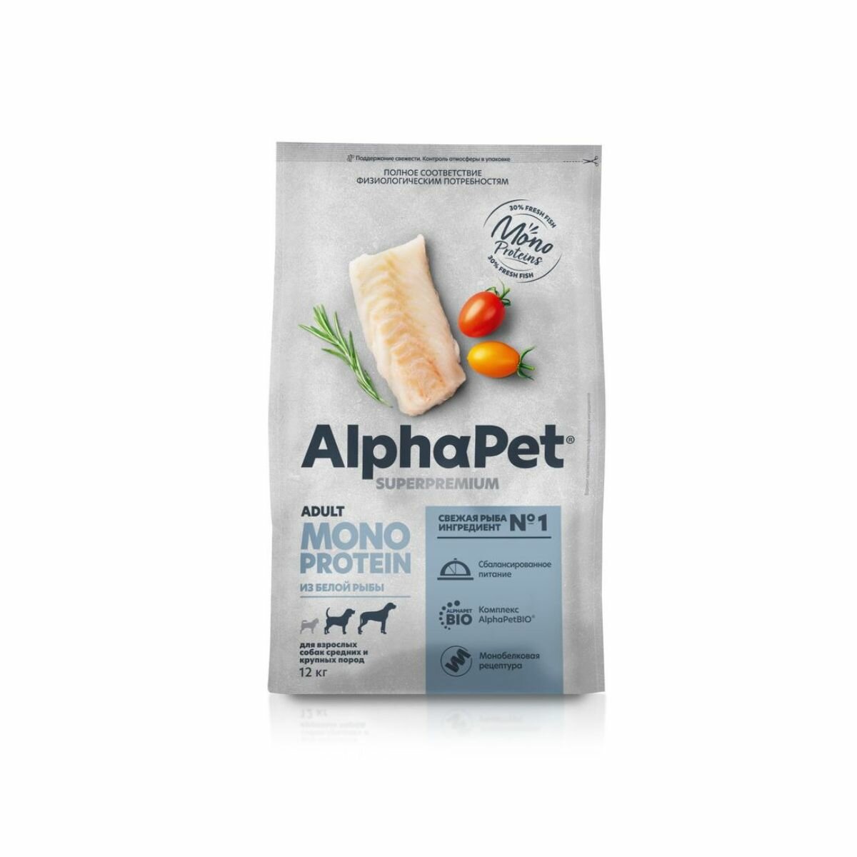 AlphaPet MONOPROTEIN сухой корм для собак средних и крупных пород, из Белой рыбы 12кг