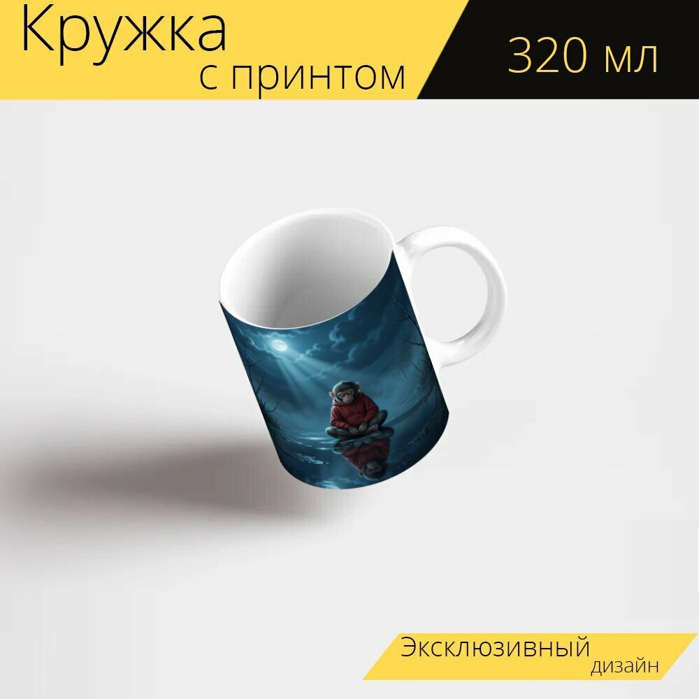 Кружка с рисунком, принтом "Медитирующая обезьяна под луной. Сюрреалистичная ночная сцена: примат в красном худи сидит в воде, вокруг туманные деревья, отражение и лучи." 320 мл.