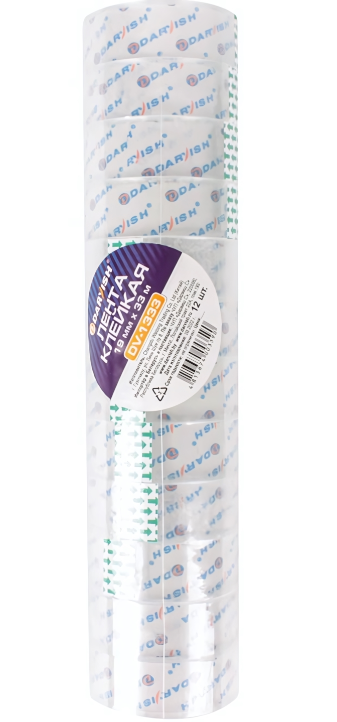 Лента клейкая прозрачная 19мм х 33м, 40мкм, Darvish, комплект 12 шт для офиса и дома