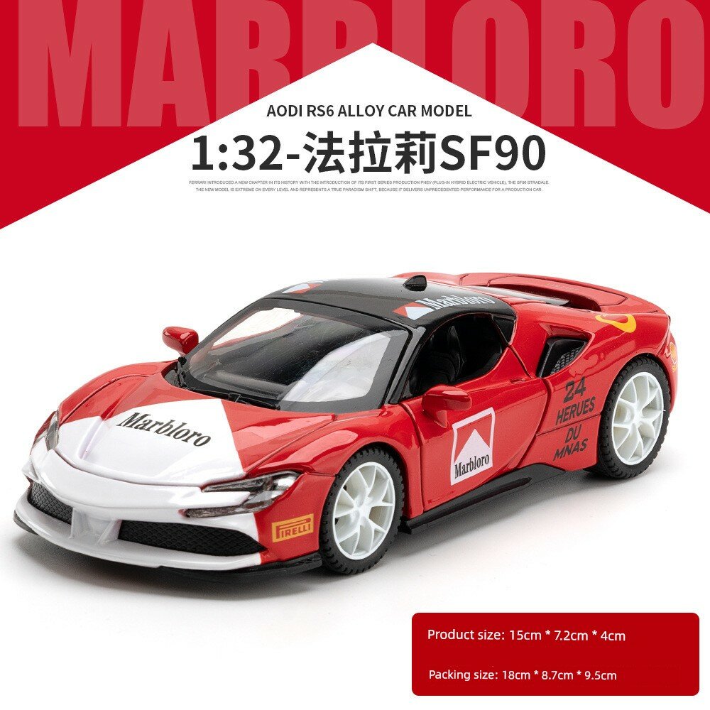 Алюминиевая модель гоночного автомобиля для детей Ferrari SF90 Marlboro Red, красная, 12 см длины в подарок