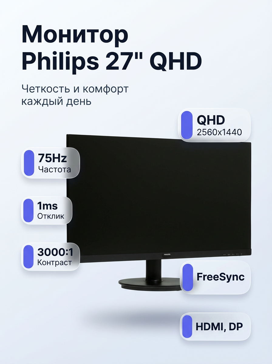 27" Philips 275V8LA черный (2560x1440, VA, 75Hz, 1ms, 3000:1, 250 cd/m², FreeSync, HDMI, DP)
