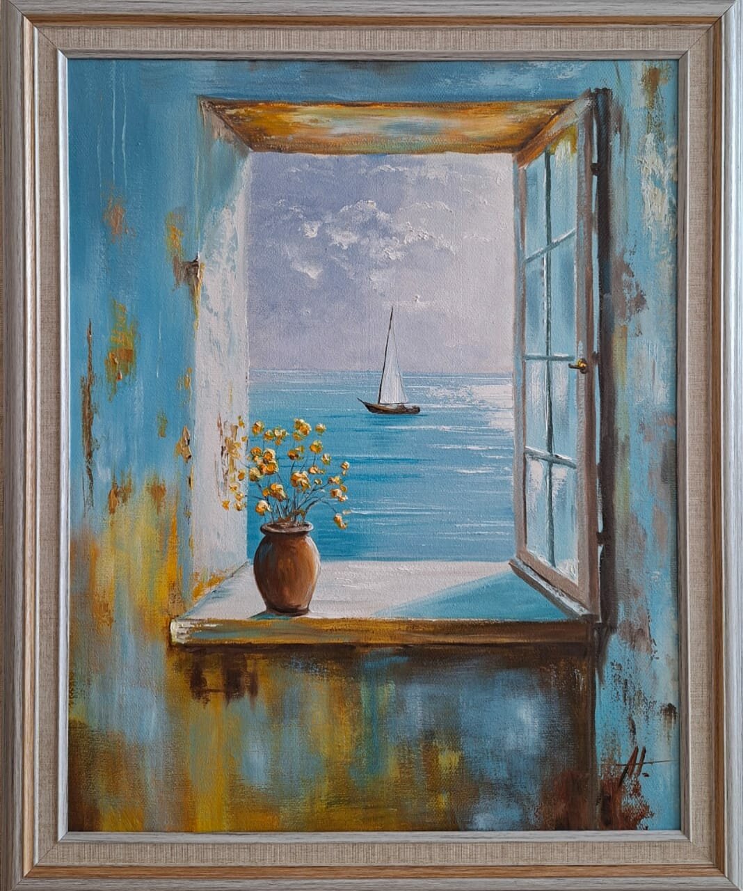 Картина "Тихое утро", живописный морской пейзаж, масло, холст, в раме, ручная работа