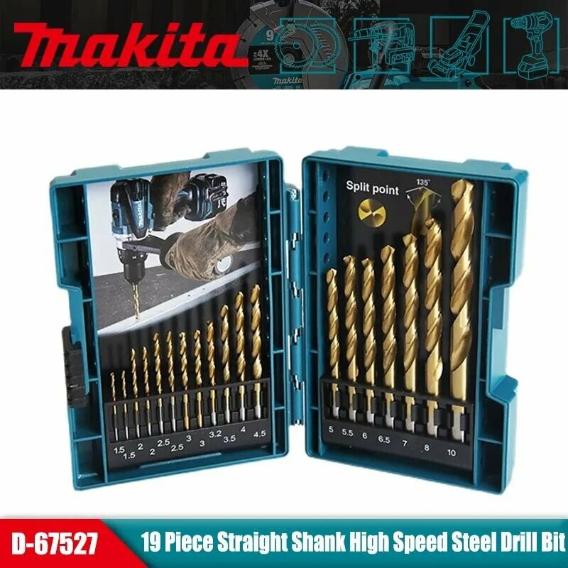Мakita D-67527 Набор спиральных сверл по металлу из нержавеющей стали, 19 шт, покрытие из нитрида титана, дерево, металлообработка