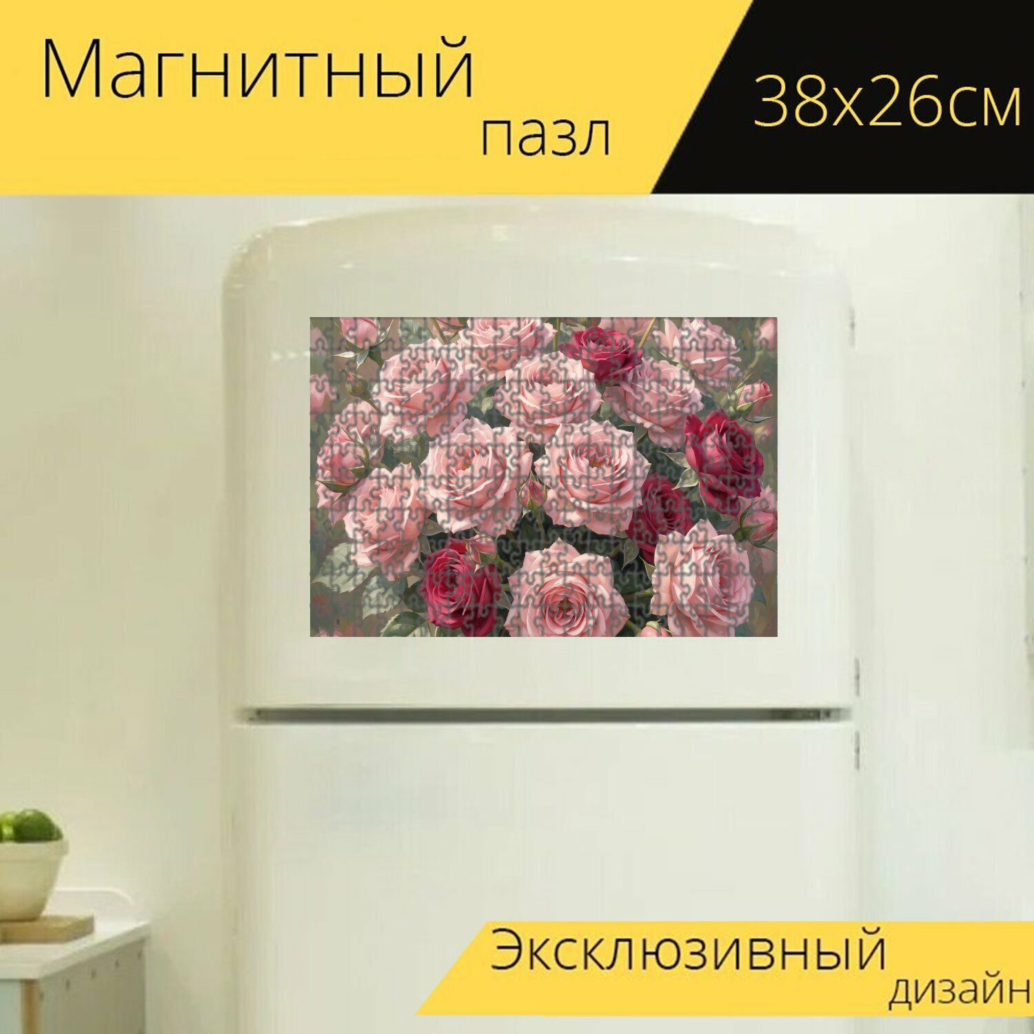 Магнитный пазл "Розы в нежной пастельной гамме. Пышный букет садовых роз в розовых и малиновых оттенках, живописная масляная манера, мягкие лепестки." для интерьера, 38х26 см.