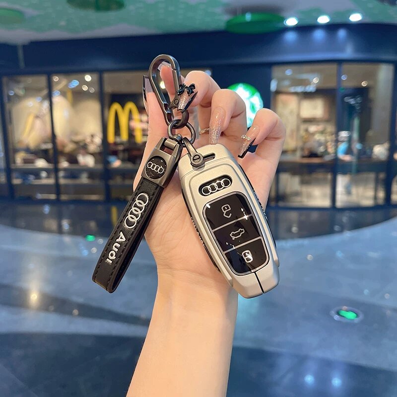 Ключевой чехол Audi для A4L/Q5L/A5/Q7/TT/A6L - Однослойный в Модном Серебристом с Логотипом Кожаным Шнуром
