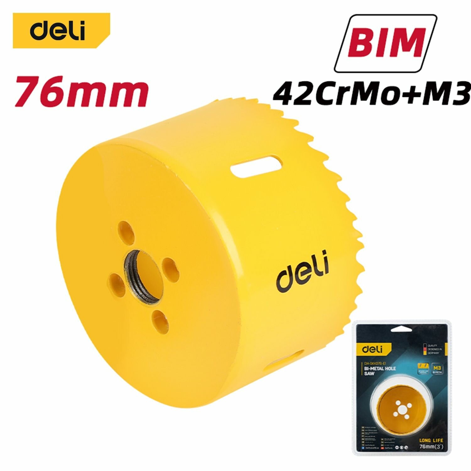 Коронка биметаллическая 76мм Deli DH-SKK076-E1 (макс глубина сверления 38мм, шаг зубьев 4-6мм, 42CrMo+M3)