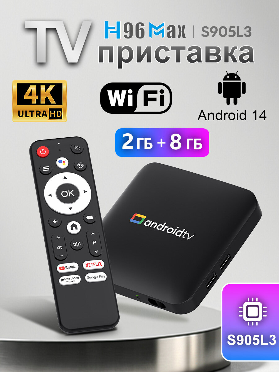 ТВ приставка Android TV 4K Ultra HD Смарт ТВ приставка с 2 ГБ RAM, 8 ГБ памяти, Android 14, медиаплеер с Wi-Fi