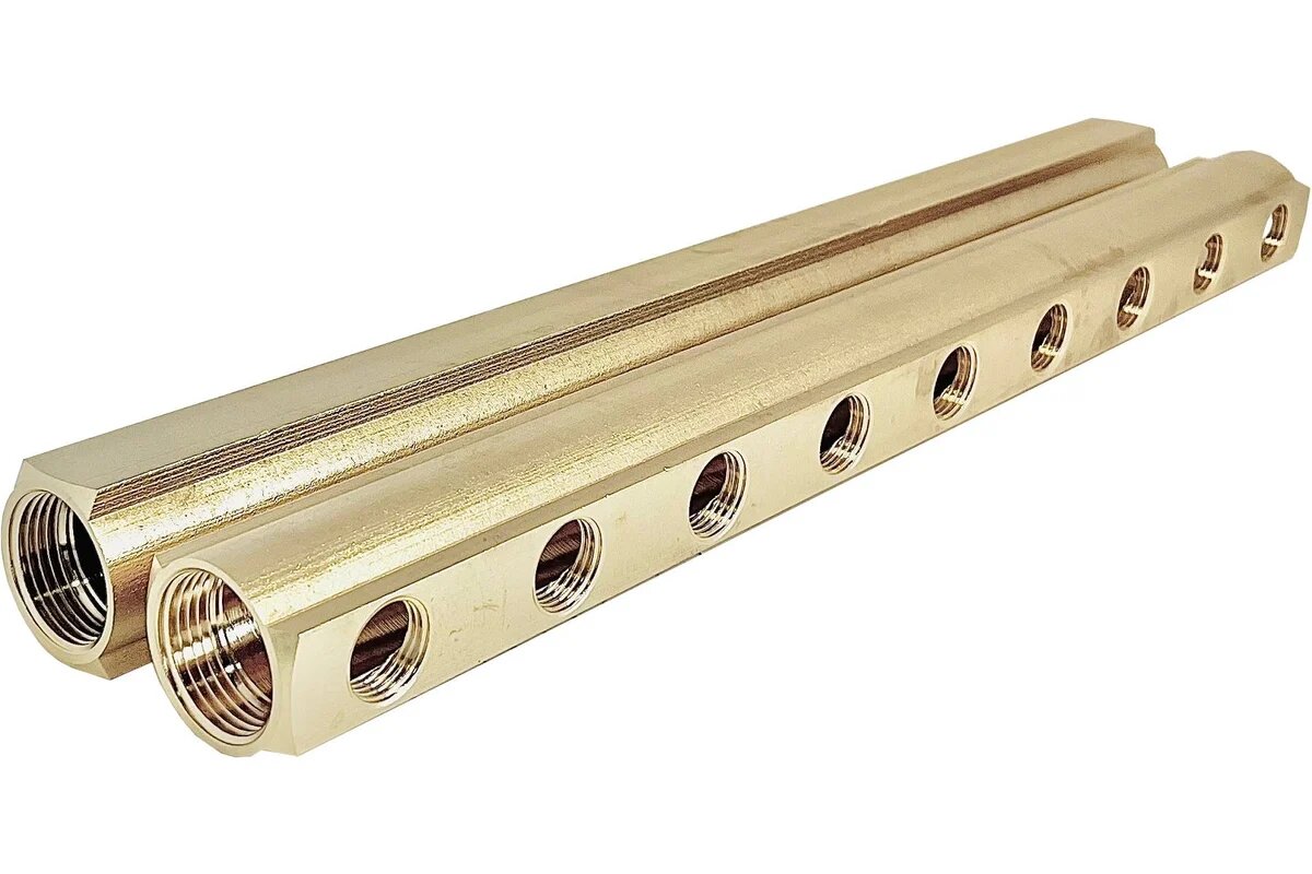 Коллектор латунный Апогей КЛА 2509.050‑1 DN25 ВР1 м/о 50 мм ВР1/2 9 выходов