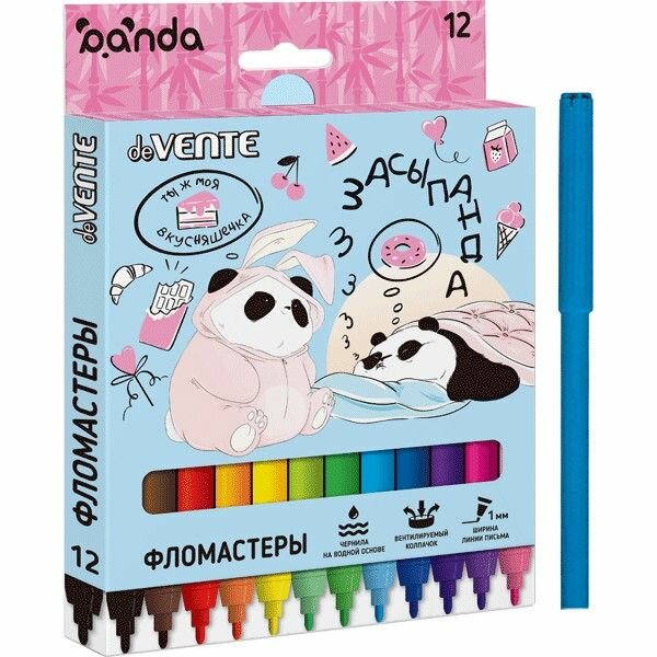 Фломастеры 12 цветов смываемые Panda вентилируемый колпачок