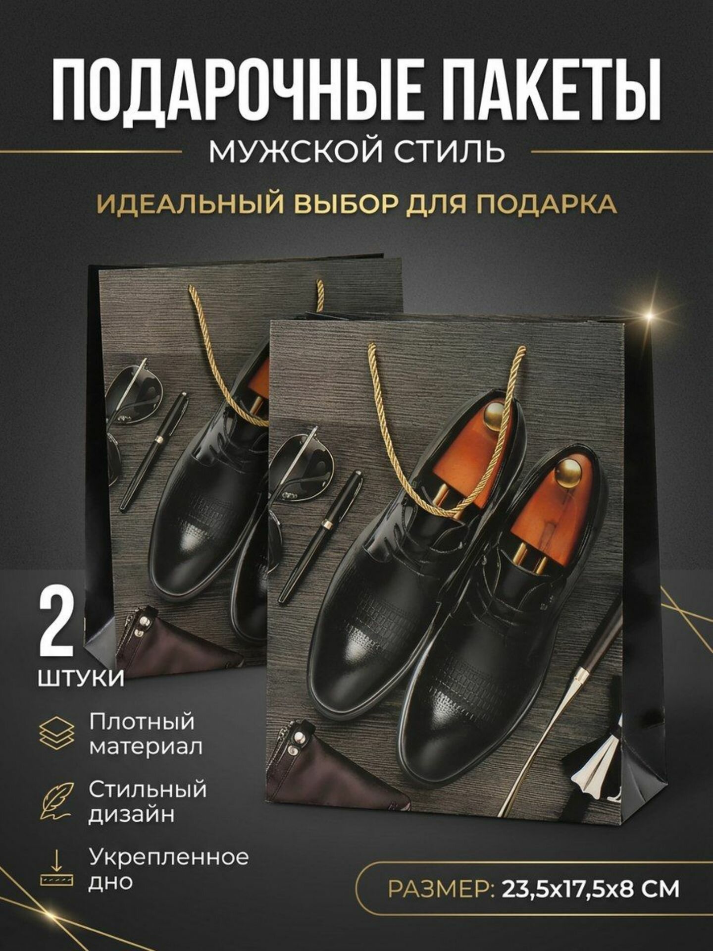 Пакет подарочный для мужчин, 2 шт, 23,5 х 17,5 х 8 см , с ручками, бумажный