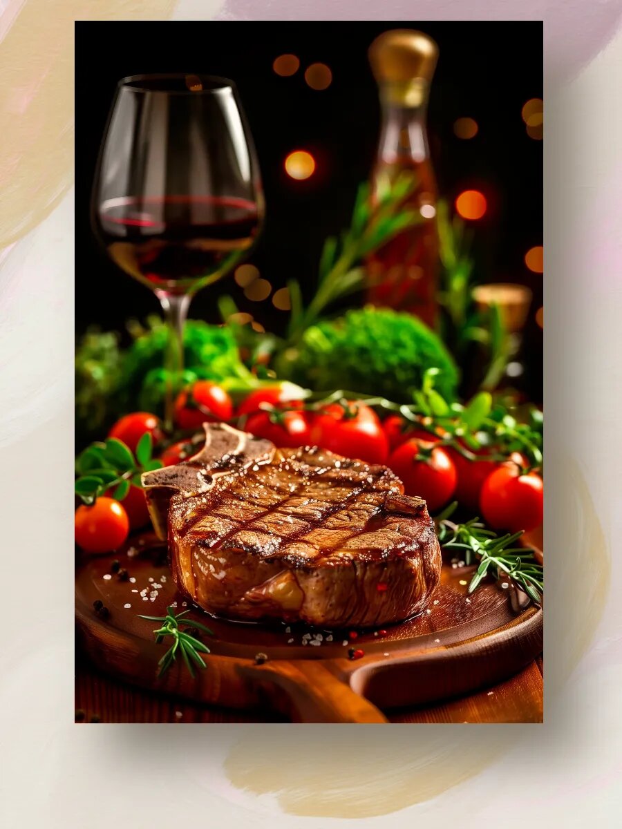 Картина на холсте 40х60 Элемент Принт, стейк с овощами и вином, мясо, еда, кухня, натюрморт, интерьерная картинаКартина на холсте "Стейк"