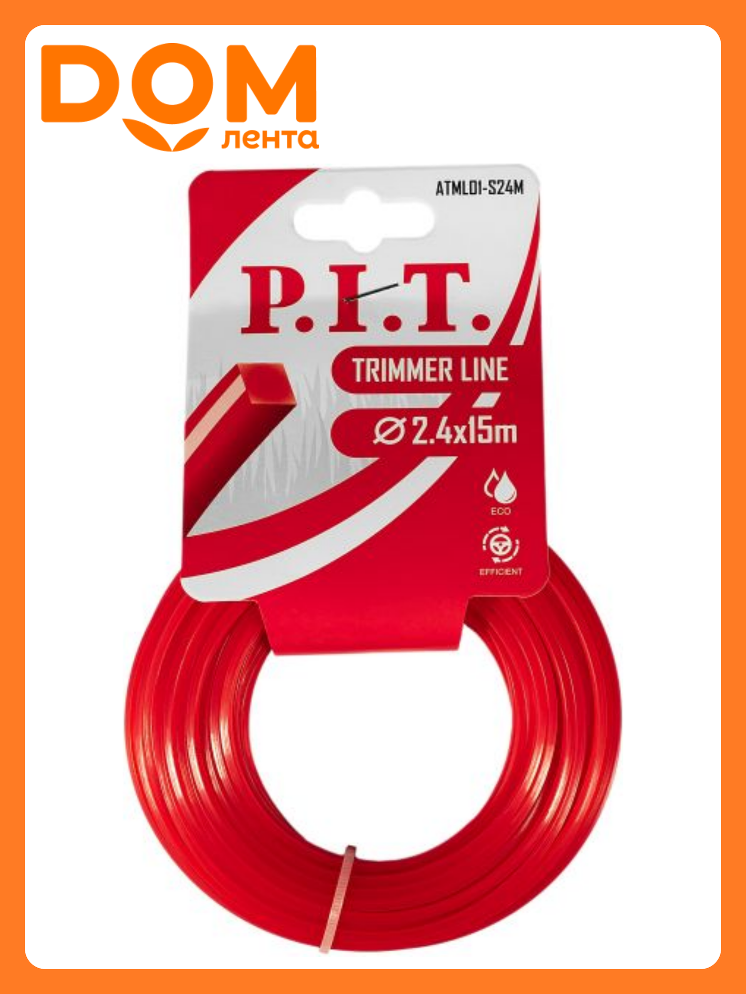 Леска P.I.T ATML01-S24M, для триммера, квадратная, 15м, 2,4мм, красная
