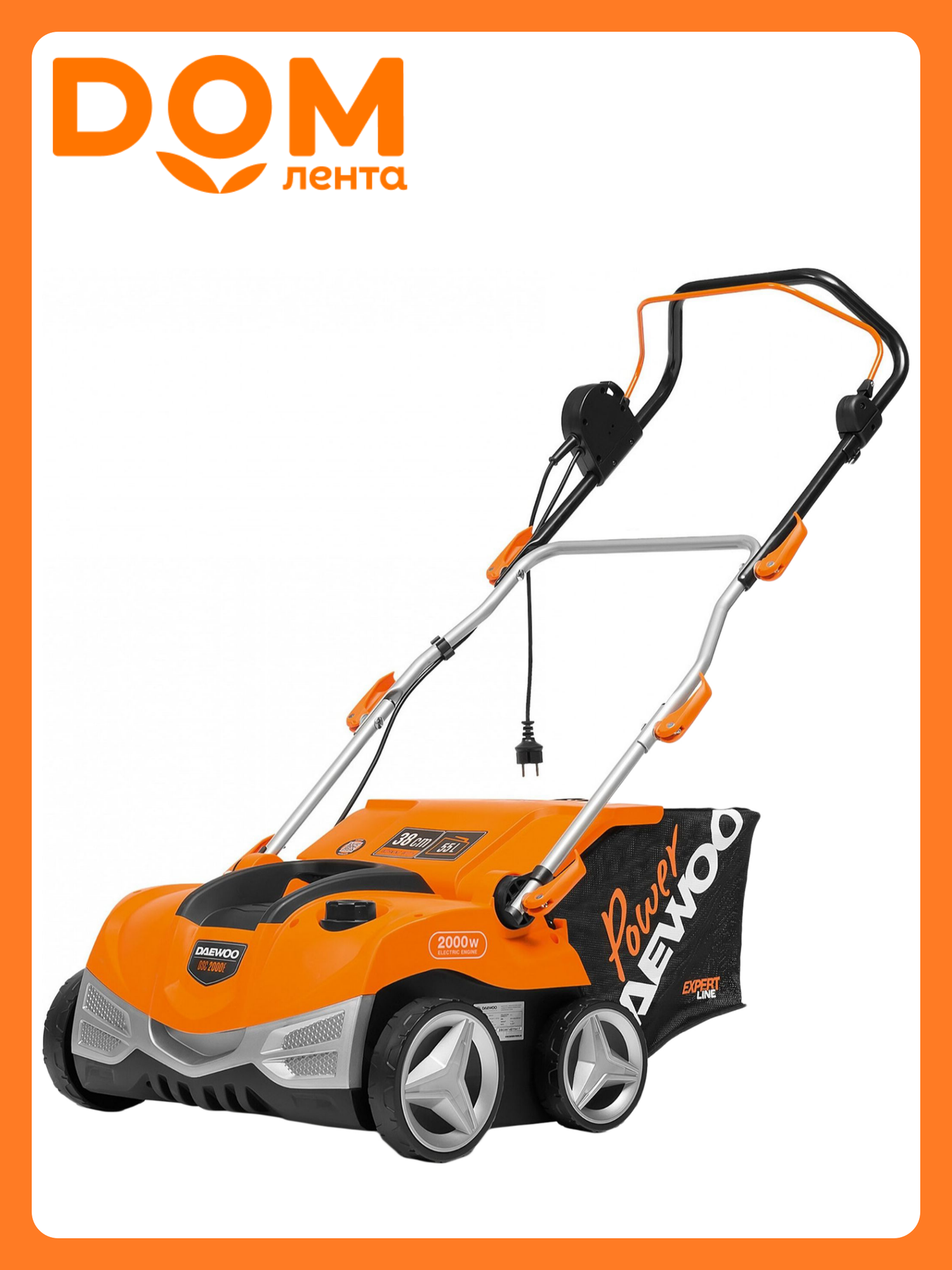 Скарификатор DAEWOO Power DSC 2000E, электрический, травосборник 55л, ширина скашивания 38 см