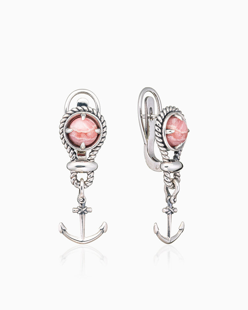 Серьги, серебро, 925 проба, родохрозит