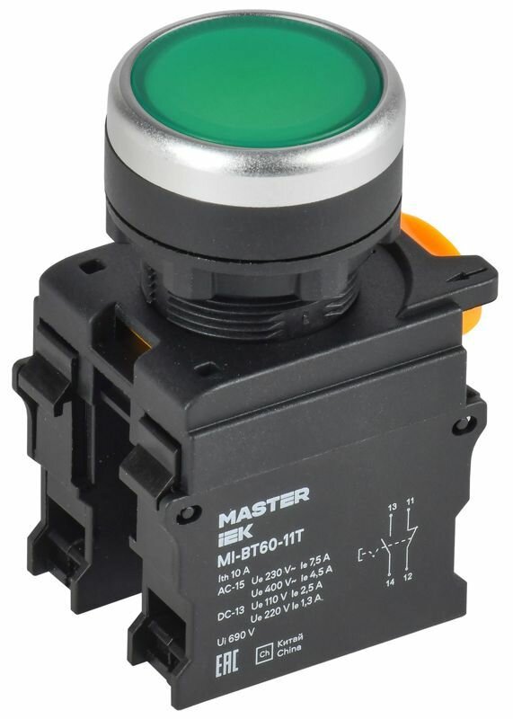 Кнопка d22мм 1НО+1НЗ MASTER с фиксацией зел. IEK MI-BT60-11T-3-21-K06