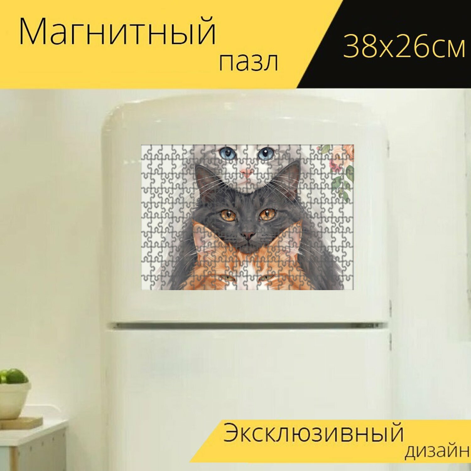 Магнитный пазл "Три пушистых кота с цветами. Три выразительных кошачьих мордочки, расположенные вертикально, в нежной иллюстративной манере. Серый, чёрный и." для интерьера, 38х26 см.