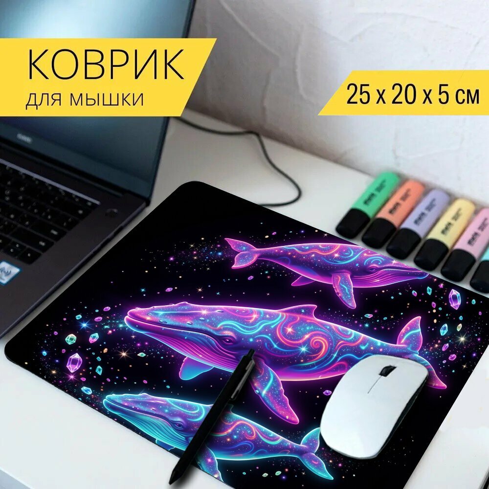 Коврик для мыши с принтом "Космические киты в неоне. Светящиеся морские гиганты в фантазийном космосе, окружённые мерцающими кристаллами и звёздной пылью. Яркие фиолетовые." 25x20см.