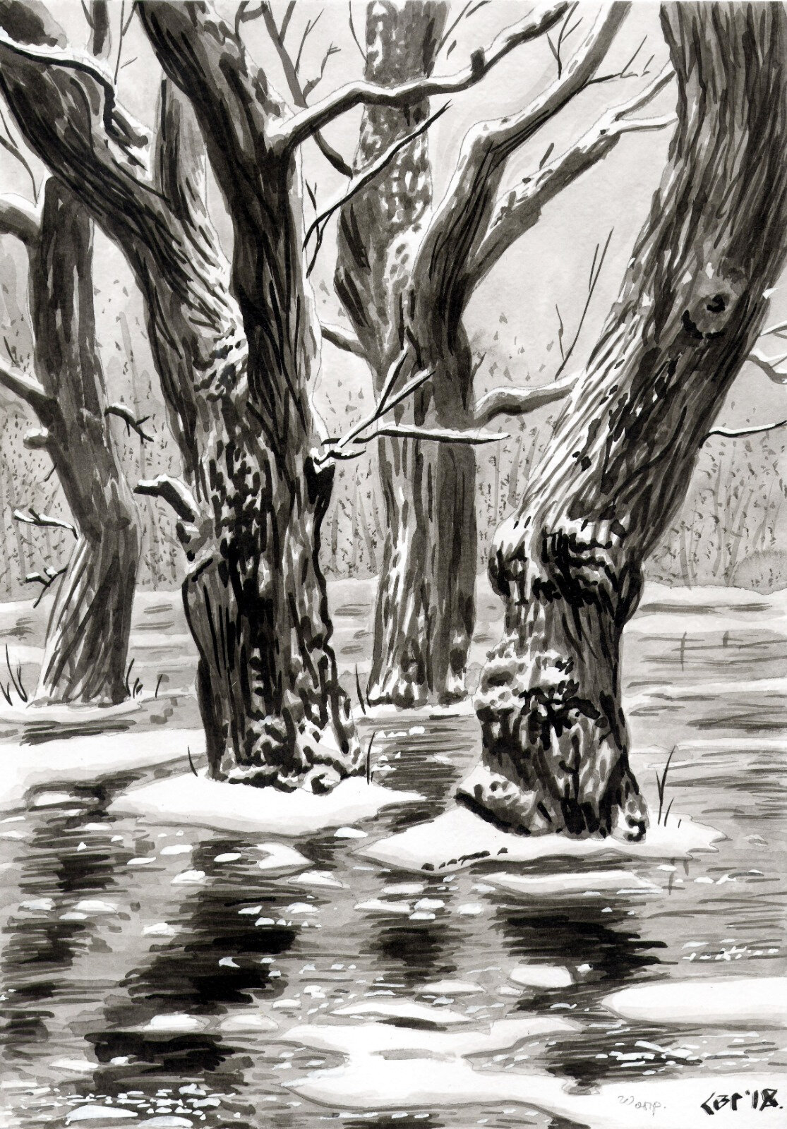 Авторская картина "Половодье", ручная работа, графика, тушь, бумага, 30х21 см