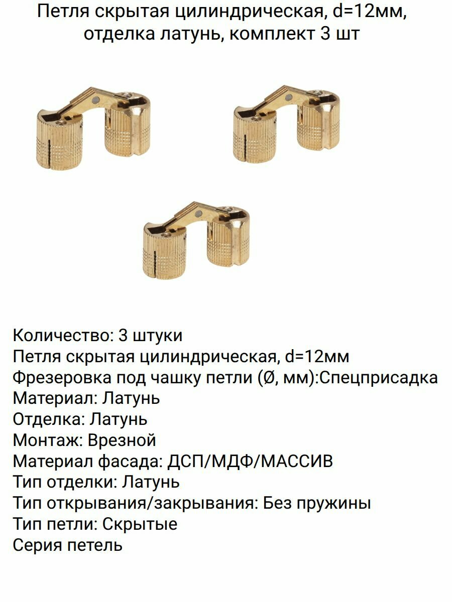 Петля ломберная скрытая цилиндрическая, d 12 мм, отделка латунь, комплект 3 штуки