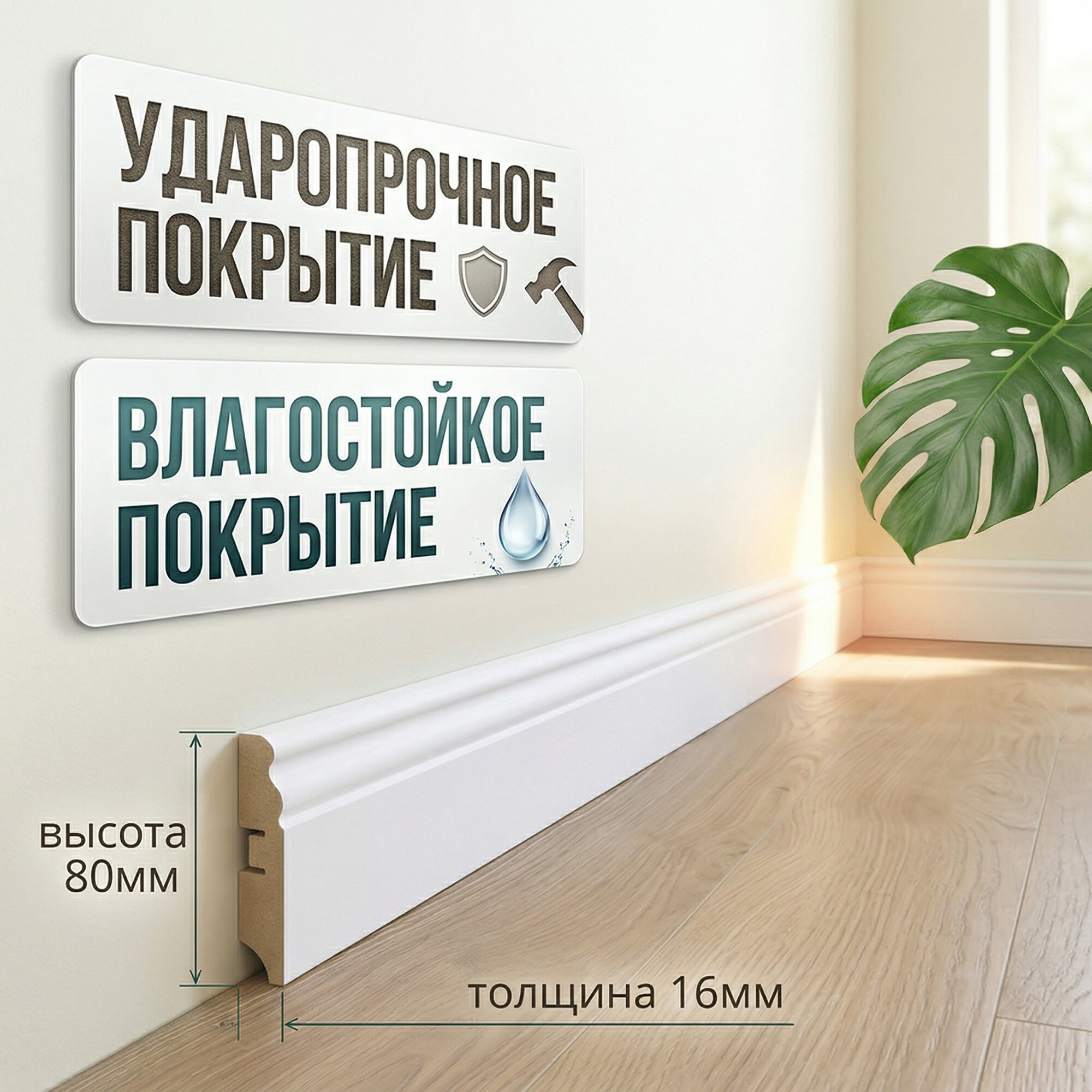 Плинтус МДФ Белый EN1 80*16*2400 ударопрочное влагостойкое покрытие