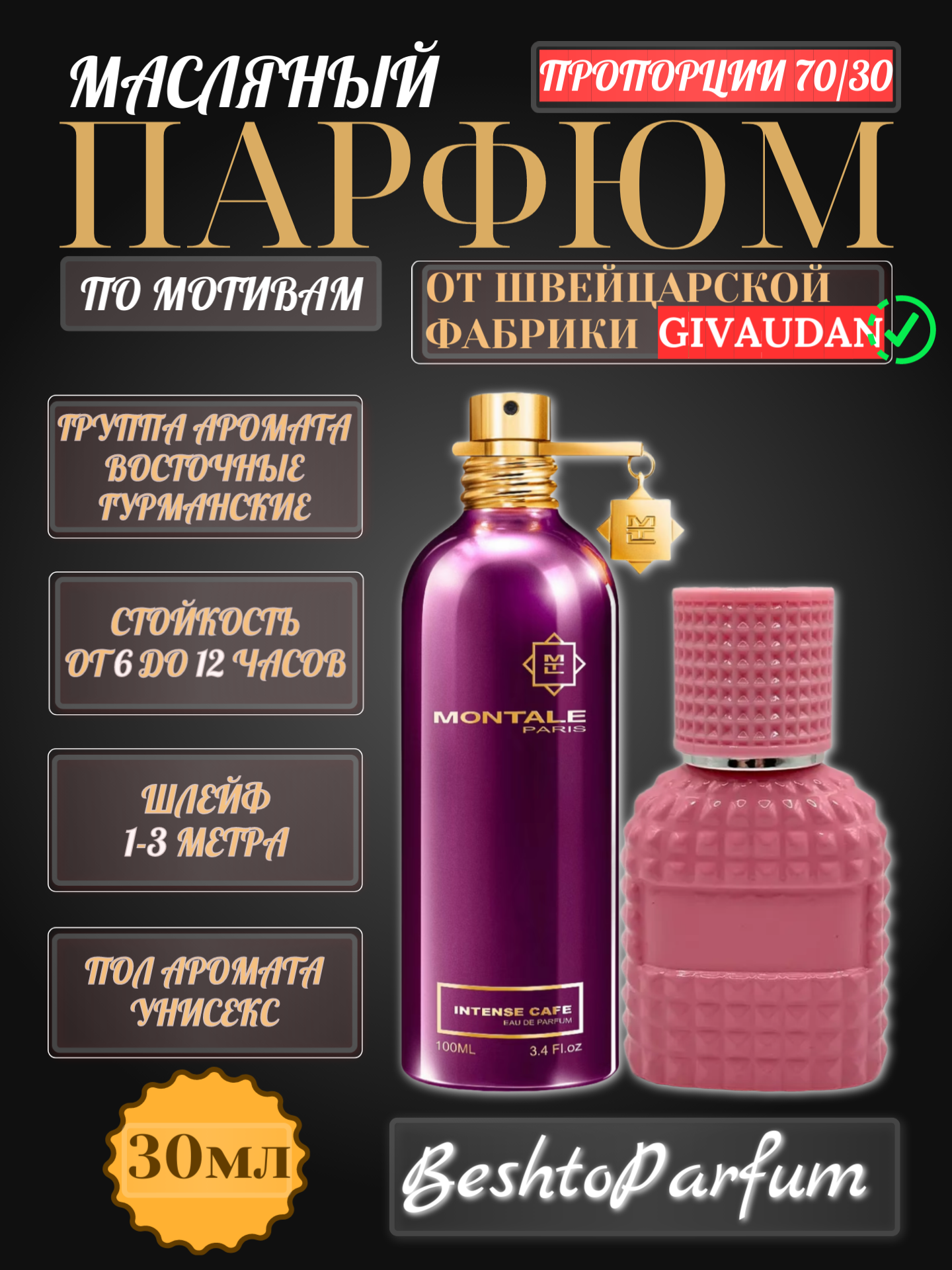 Масляные духи по мотивам Montale Intense Cafe — стойкий сладкий гурманский розово-кофейный аромат унисекс / 30мл