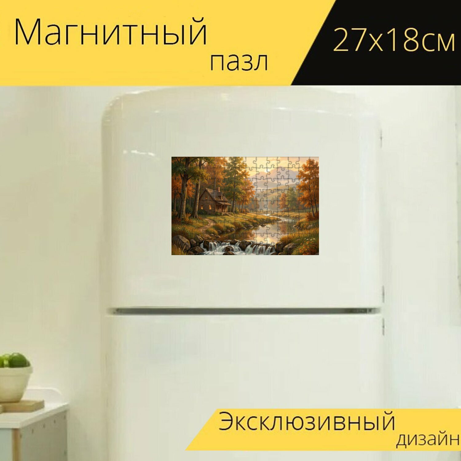 Магнитный пазл "Осенний лесной дом у ручья. Уютная деревянная избушка среди золотых деревьев, живописная речка с небольшим водопадом, горные вершины на." на холодильник 27 x 18 см.