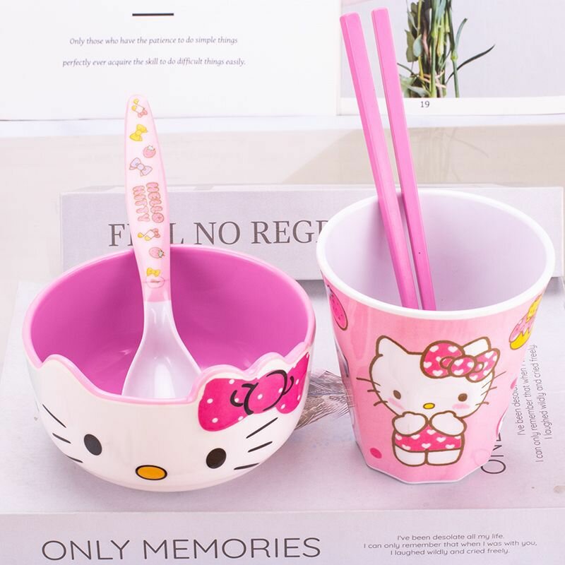 Миска для детей с мультяшным рисунком, посуда Hello Kitty, детская тарелка с защитой от падения, милая миска для еды, детская кружка для воды.