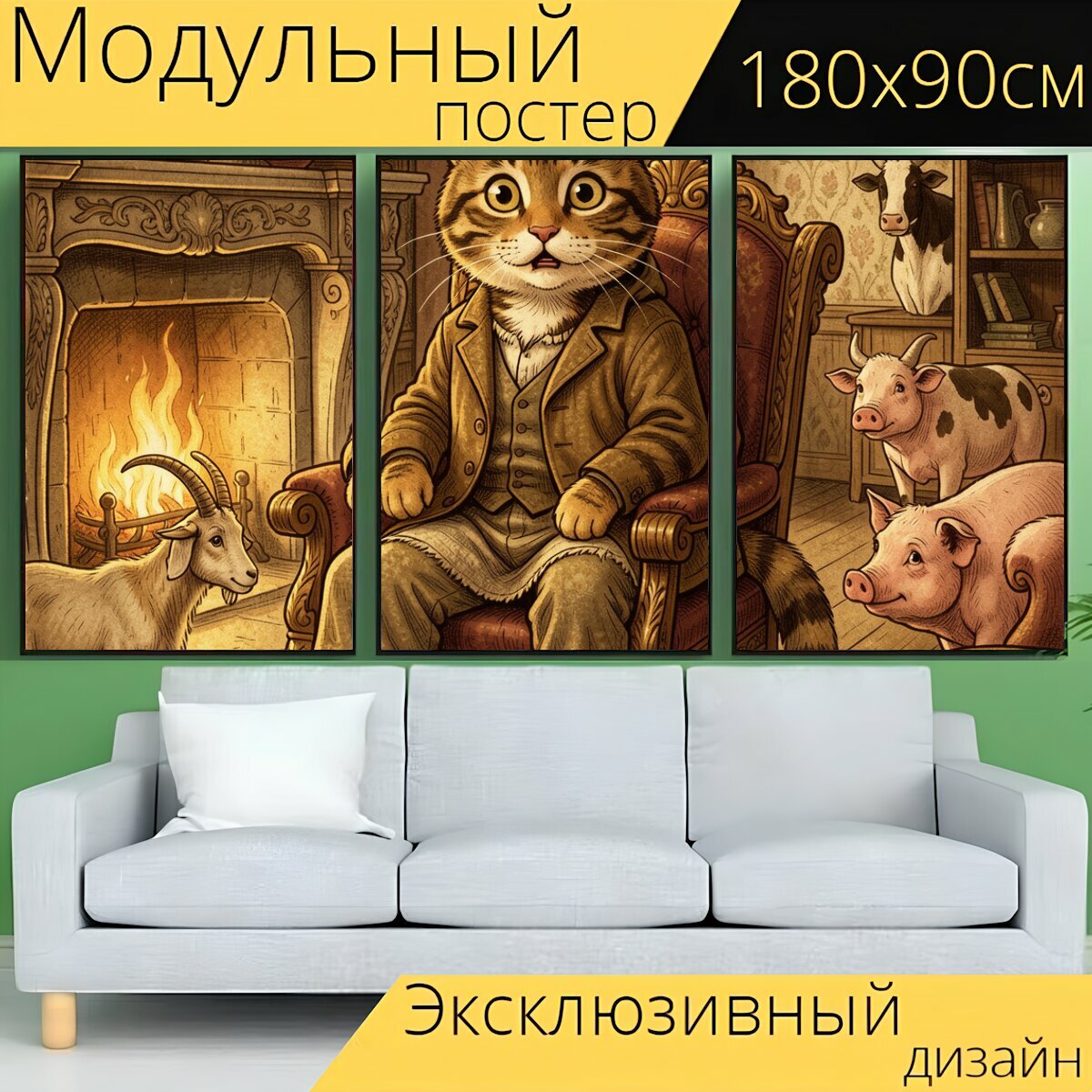 Модульный постер "Кот в кресле у камина. Антропоморфный полосатый питомец в винтажном интерьере загородного дома, рядом коза, свиньи и." 180 x 90 см. для интерьера на стену в тубусе
