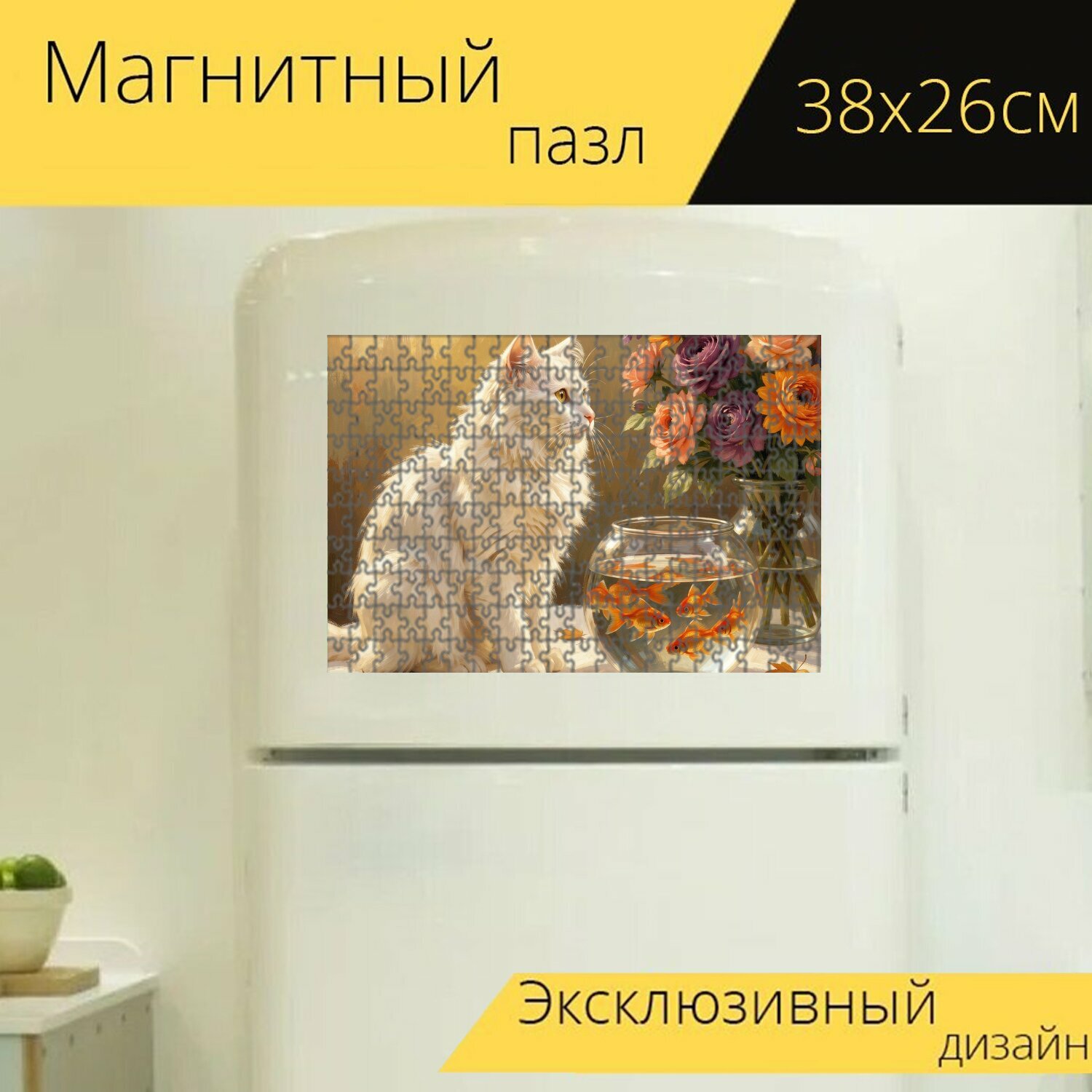 Магнитный пазл "Белая кошка и золотые рыбки. Пушистая светлая любимица у круглого аквариума с оранжевыми карпами, рядом букет роз и ранункулюсов. Живописный." для интерьера, 38х26 см.
