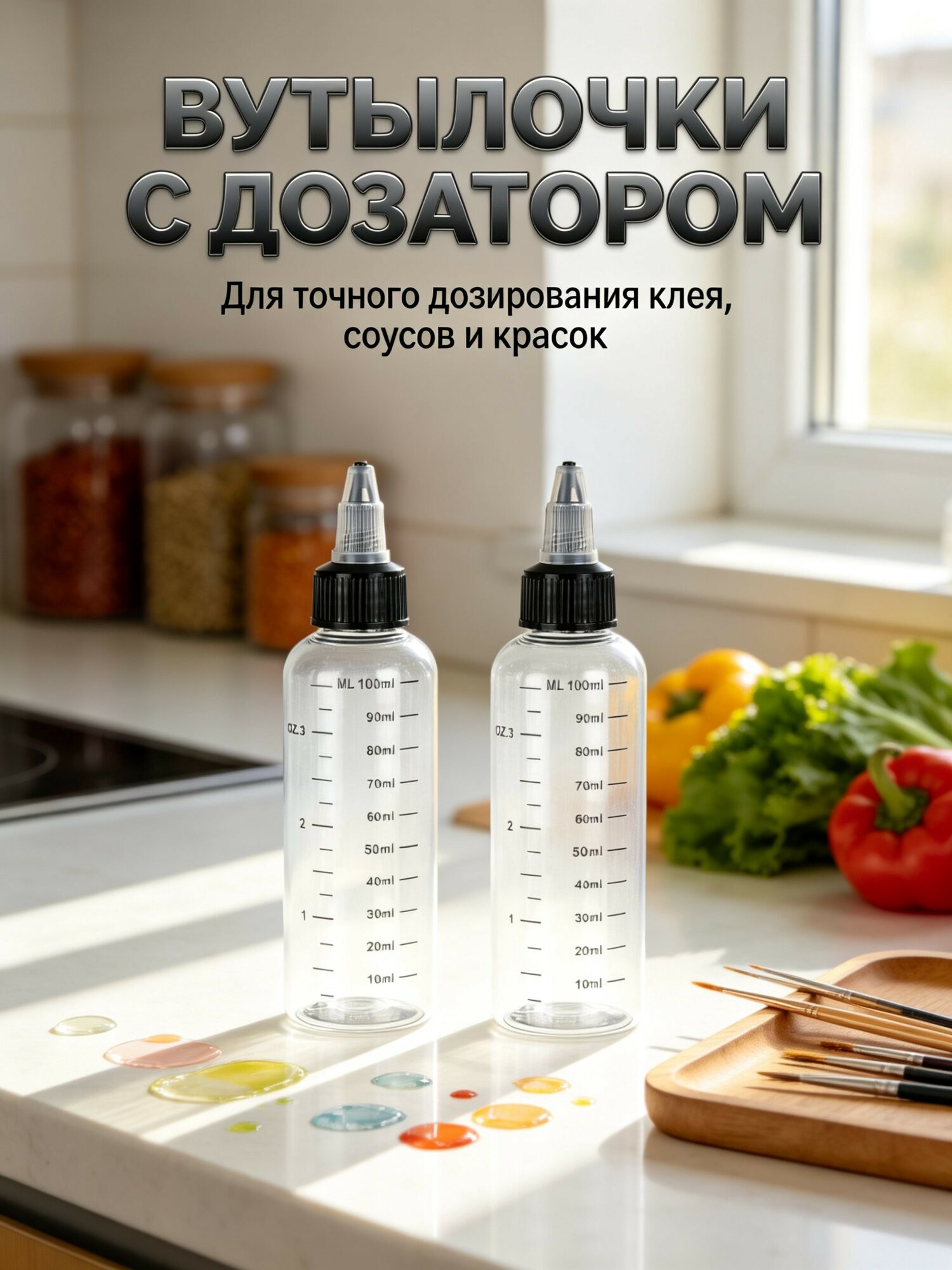 Набор из 2 бутылочек 100 мл с дозатором и шкалой, для точного измерения клея, соусов, красок и других жидкостей — удобные универсальные в быту и мастерской