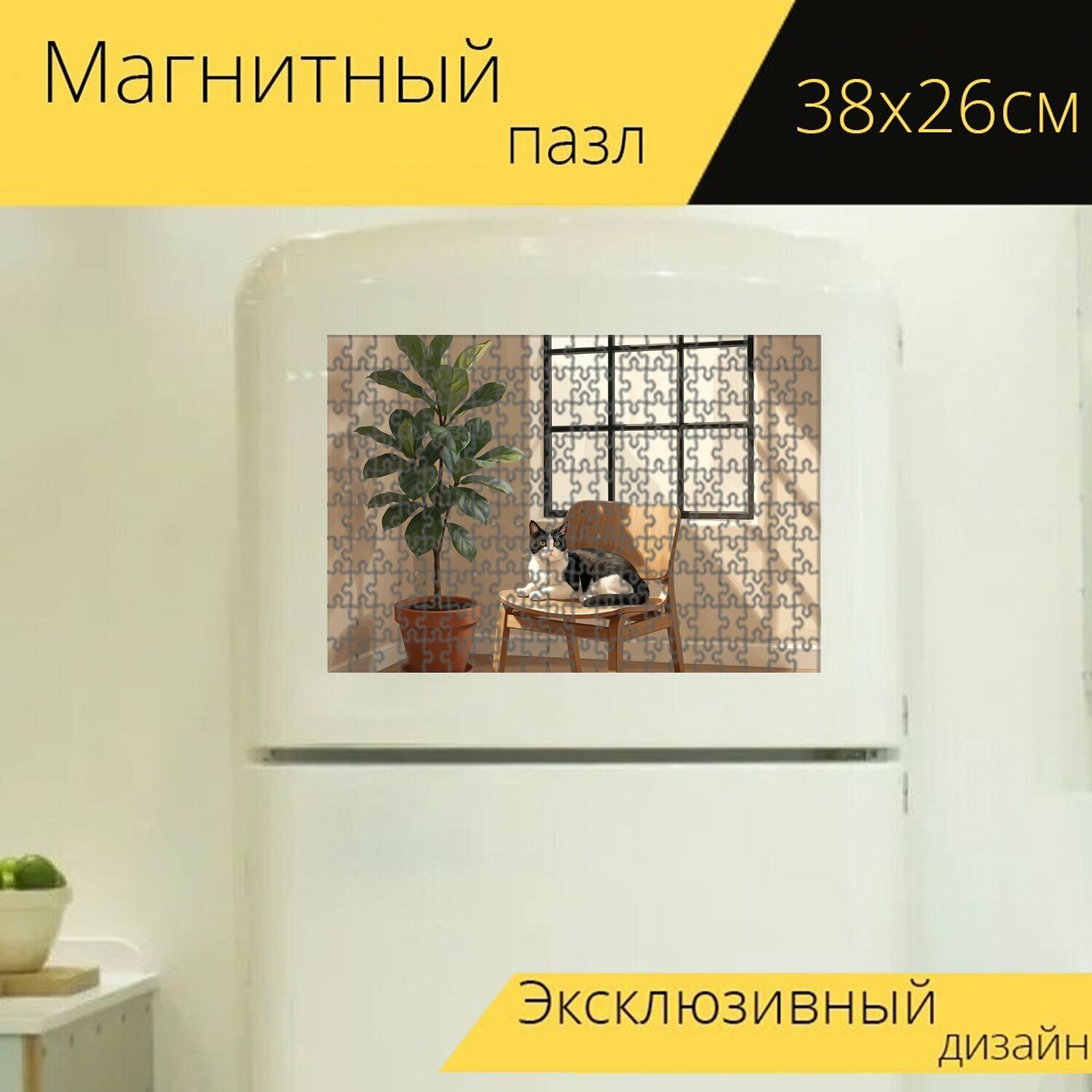 Магнитный пазл "Черно-белый кот у окна. Домашняя кошка отдыхает на деревянном стуле рядом с большим окном и комнатным фикусом. Солнечный свет, бежевые." для интерьера, 38х26 см.