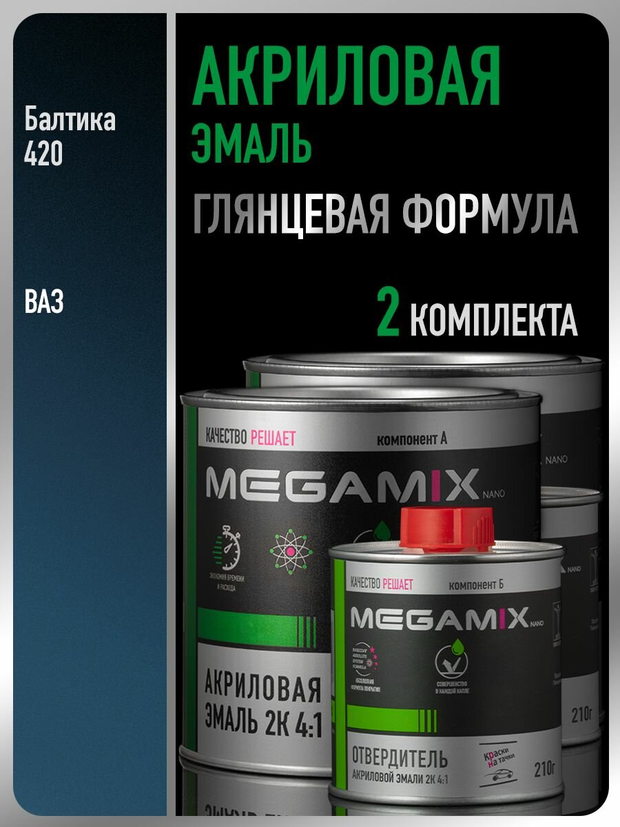 Акриловая краска автомобильная, Балтика 420, 2 Комплекта 2К 4:1 (эмаль: 840 мл. + отвердитель: 210 мл), MEGAMIX