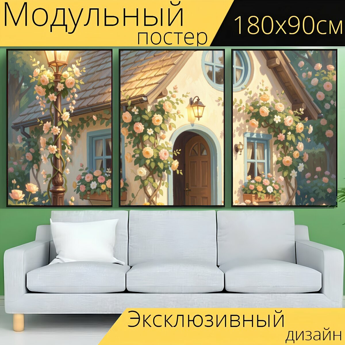 Модульный постер "Цветущий сказочный домик в саду. Уютное деревенское жилище с арочным входом, голубыми окнами и фонарём среди роз и." 180 x 90 см. для интерьера на стену в тубусе